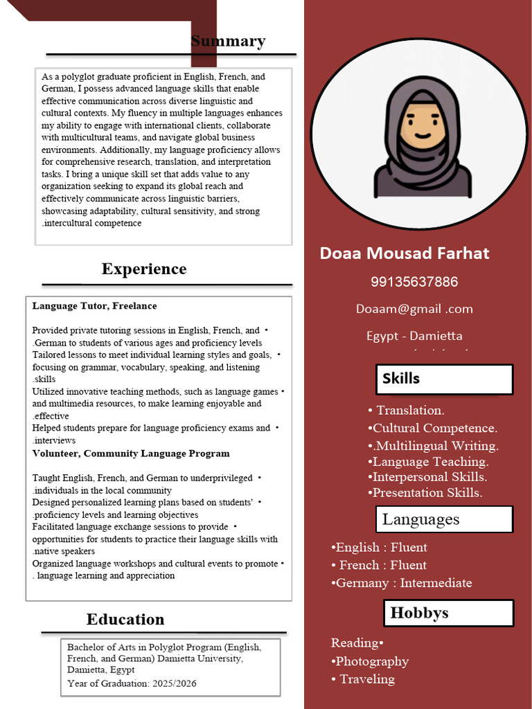 CV Doaa Mousad 3 | PDF | Multilingualism | Fluency
