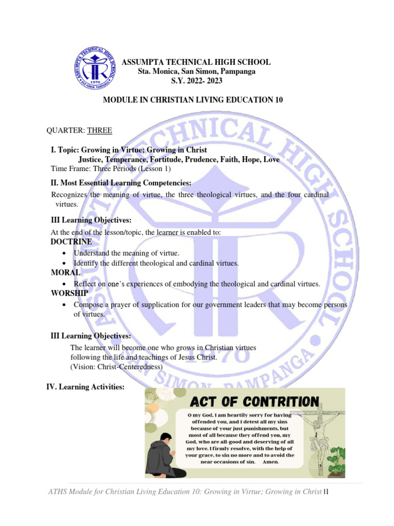 GRADE 10 Weeks1 Q4 Growing in Virtue - Growing in Christ Aralinks | PDF ...