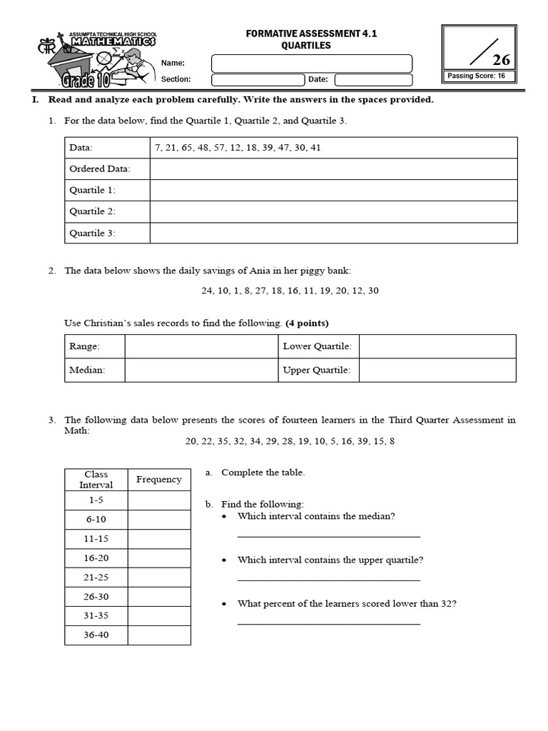 Class 10 Maths Formative Assessment: Quartiles | PDF | Quartile | Median