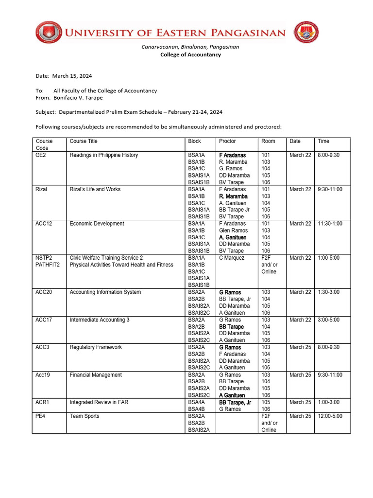 Midterm Departmentalized Sechedule For BSA BSAIS | PDF | Economies | Business