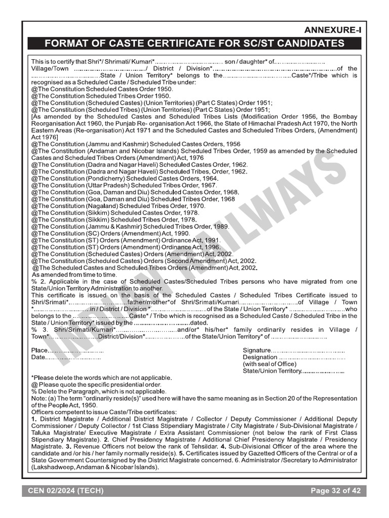 SC-ST Certificate CEN 02-2024 - Annexure-I | PDF