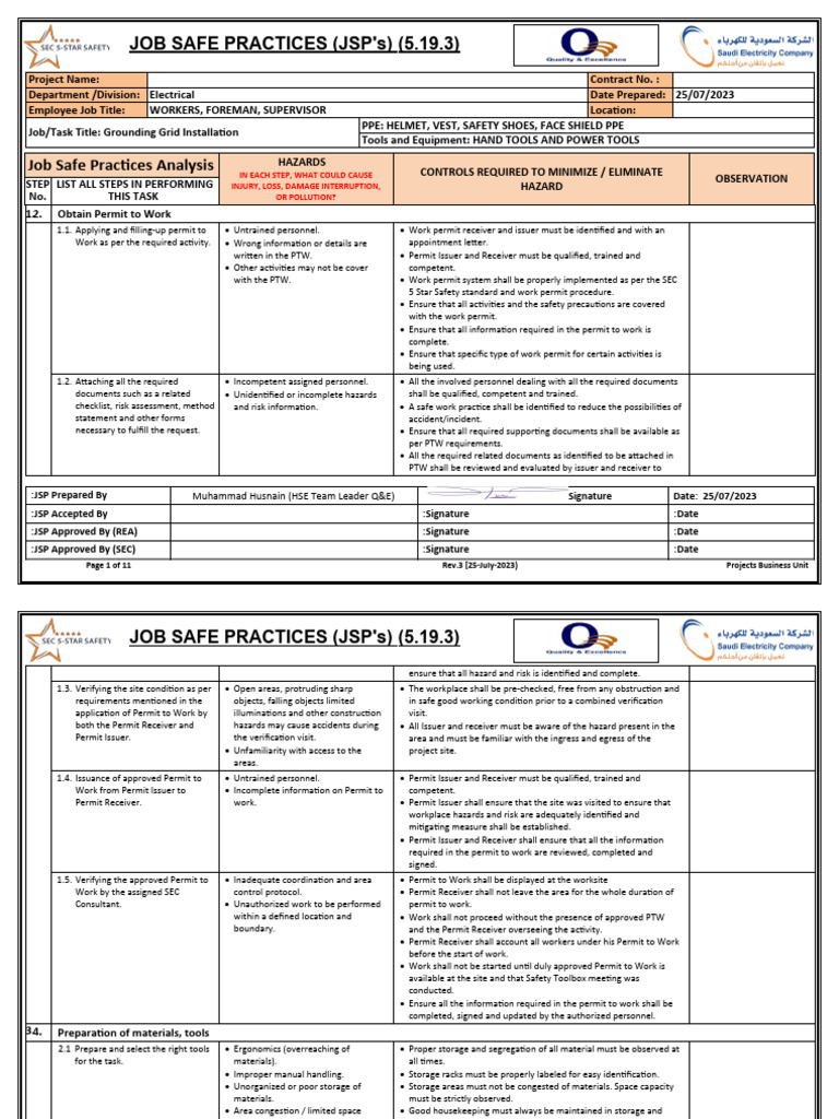 JSP For Grounding Grid Installation | PDF | Personal Protective ...
