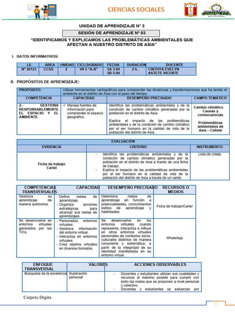 Sesión de Aprendizaje 3 U2 - 5A-B CCSS | PDF | Evaluación | Aprendizaje