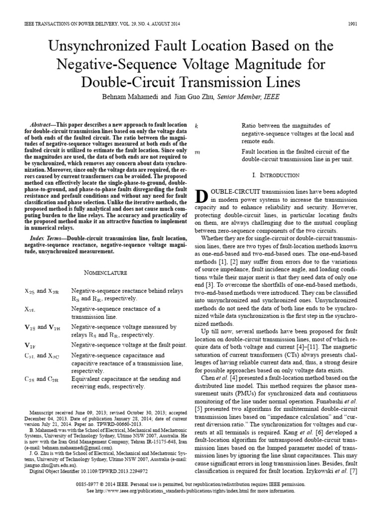 Unsynchronized Fault Location Based On The Negative Sequence Voltage Magnitude For Double ...