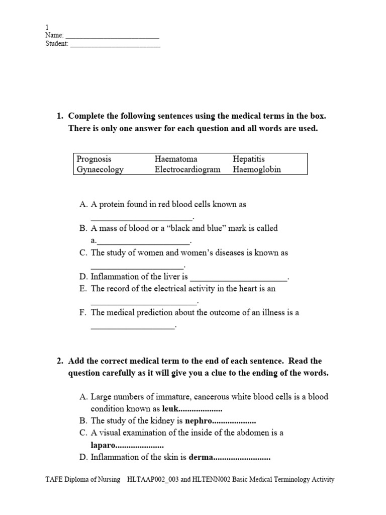 Medical Terminology Practice | PDF | Causes Of Death | Medicine