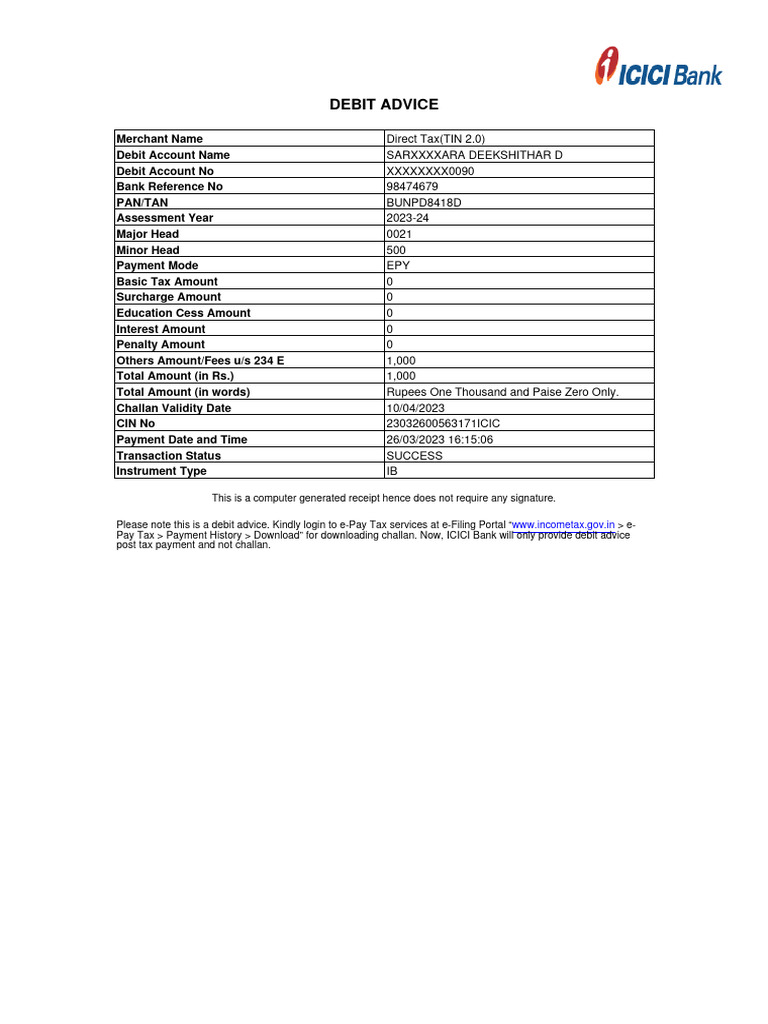 Debit Advice for Tax Payment 2023-24 | PDF