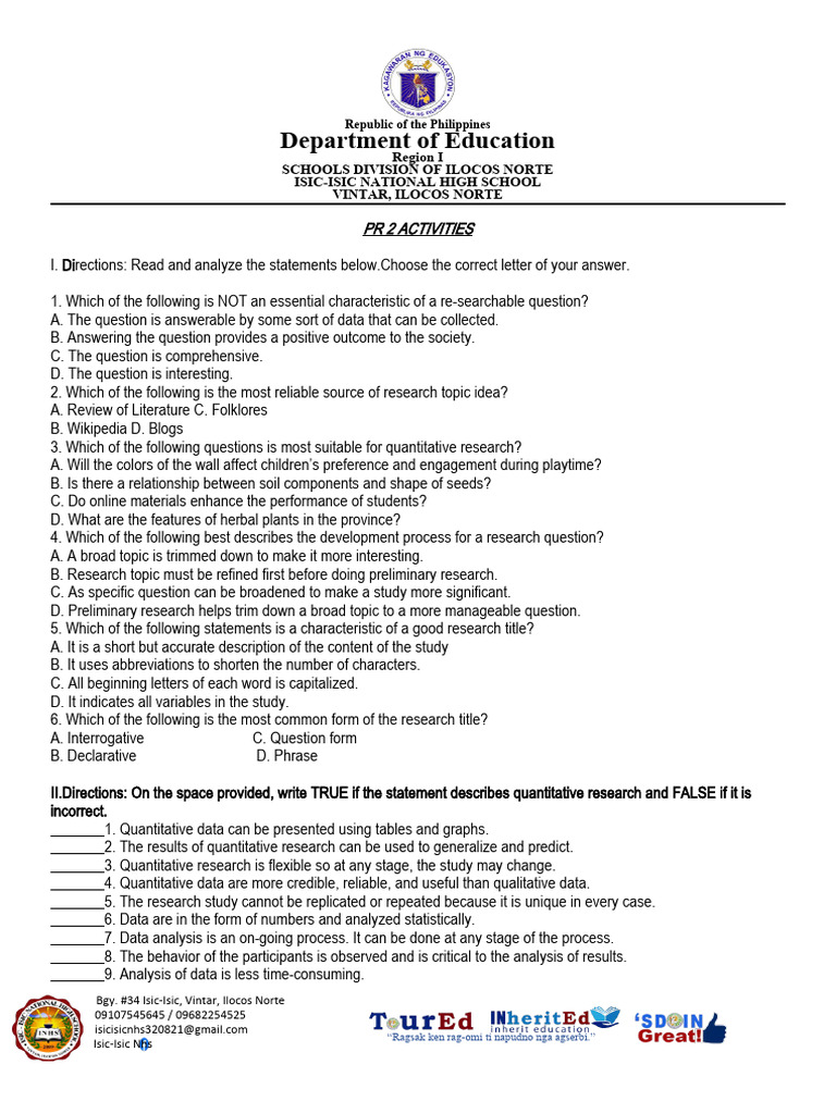 Pr 2 Activities | PDF | Quantitative Research | Question