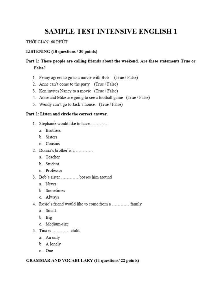 Sample Test Intensive English 1 (No Key) | PDF