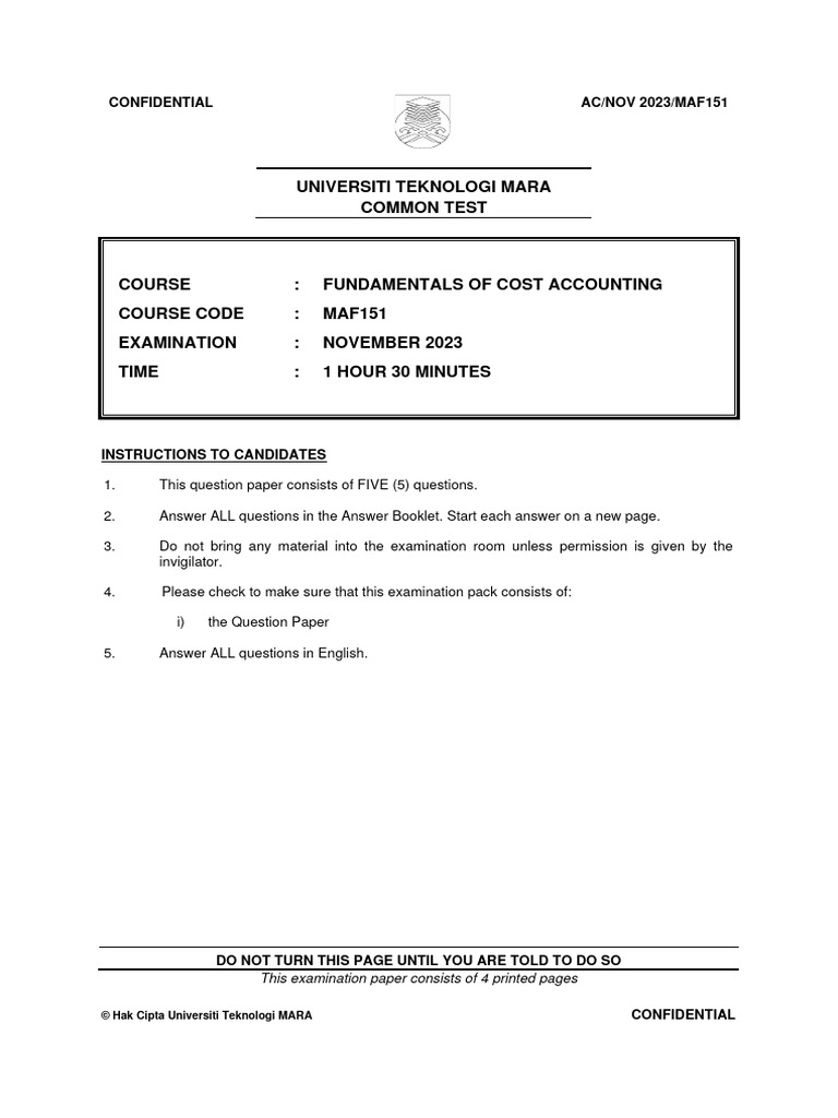 Maf151 Common Test 2023nov - Q | PDF | Business | Business Economics