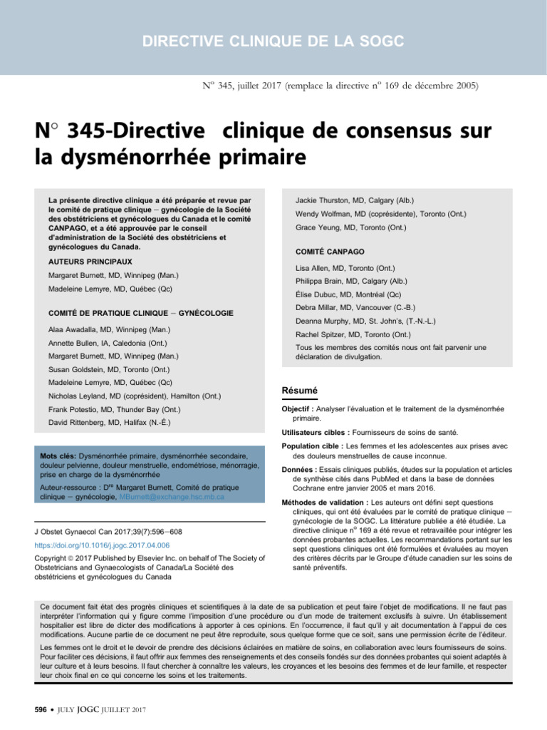 SOGC Directive Clinique de Consensus Sur Dysmenorrhee Primaire | PDF ...