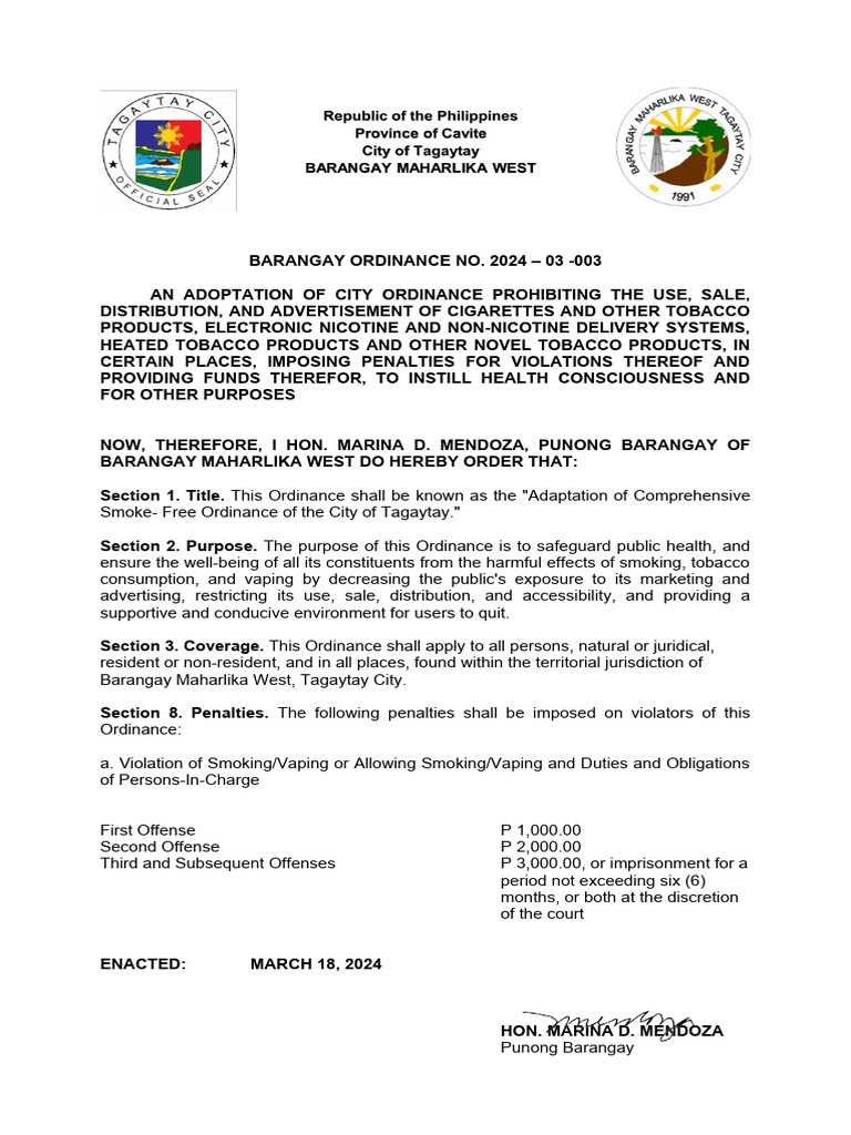 BARANGAY ORDINANCE NO Smoking | PDF