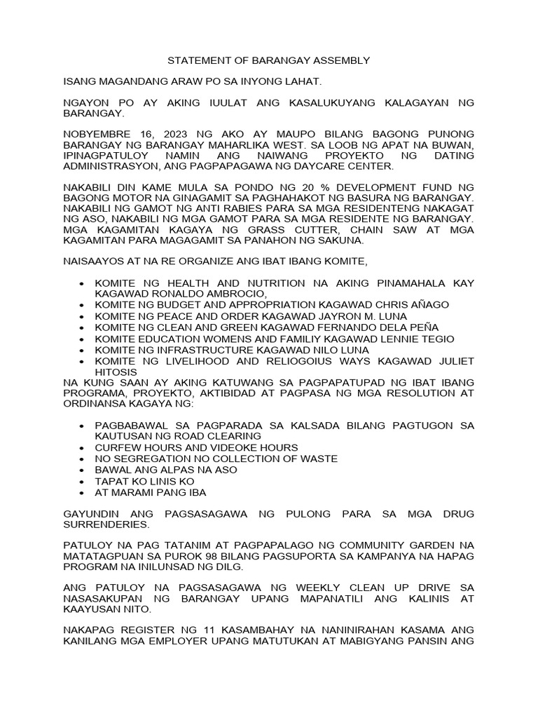 Statement of Barangay Assembly | PDF