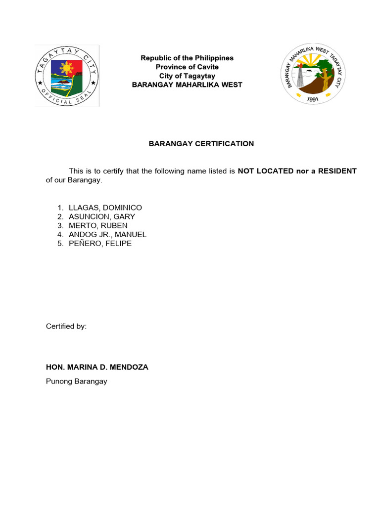 Barangay Certificate of Non-Residency | PDF
