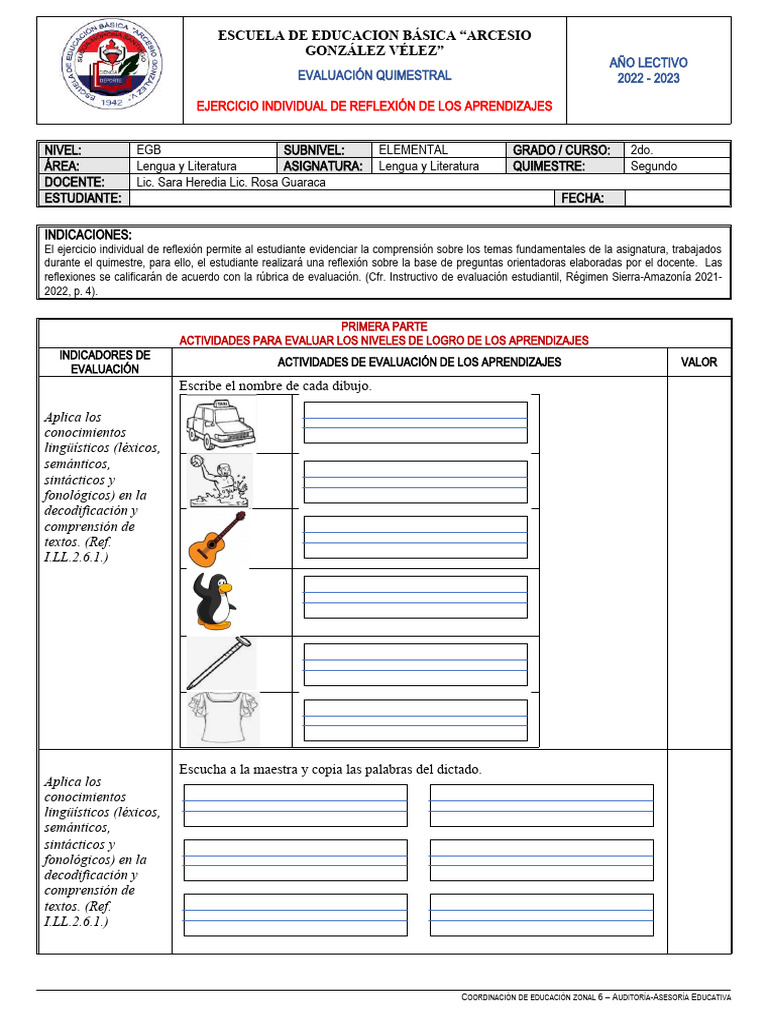 Formato - Ejercicio Reflexion - Ii Q Lengua y Literatura | PDF | Educación primaria | Evaluación