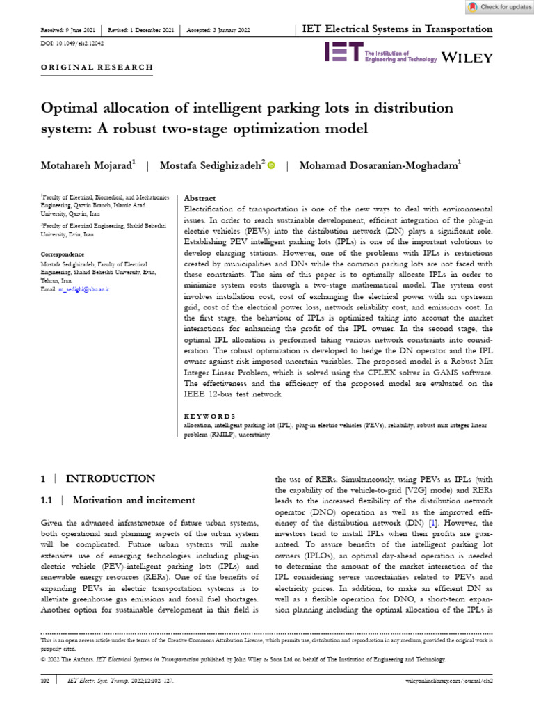 Iet Electrical Syst In Trans 2022 Mojarad Optimal Allocation Of Intelligent Parking Lots