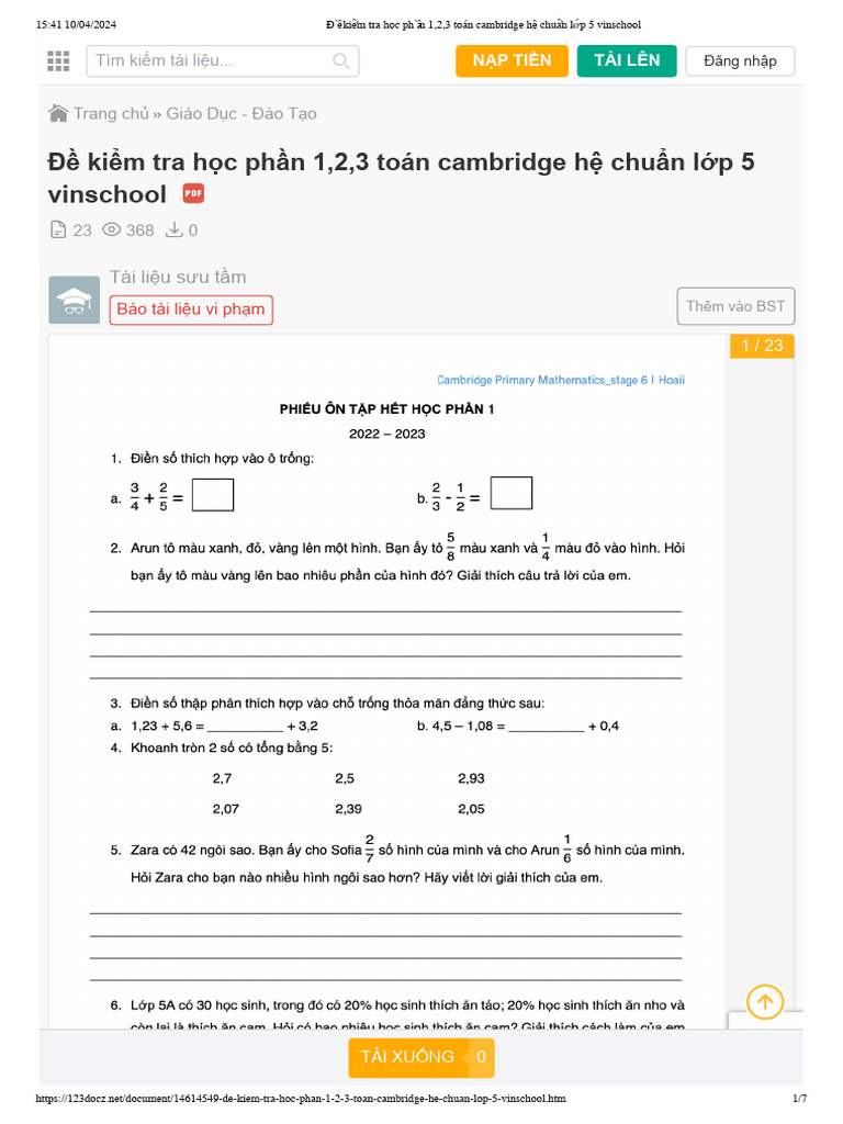 Đề kiểm tra học phần 1,2,3 toán cambridge hệ chuẩn lớp 5 vinschool | PDF