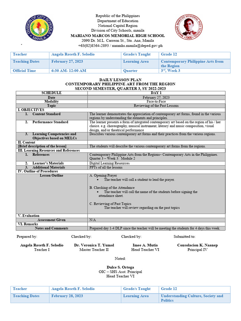 Contemporary Philippine Arts Lesson Plan | PDF | Learning | Teachers