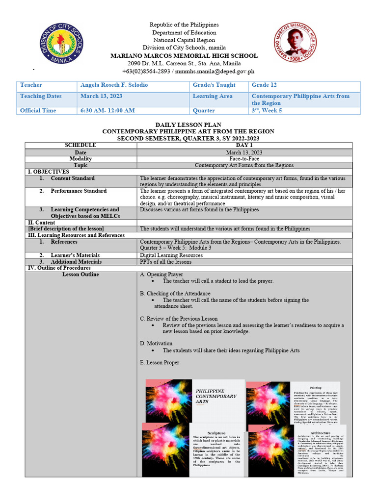 Grade 12 Daily Lesson Plan: Philippine Art | PDF | Learning | Teachers