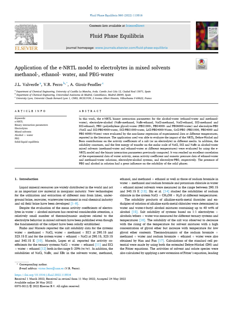 Application Of The E Nrtl Model To Electrolytes In Mixed Solvents Pdf Solubility Chemical