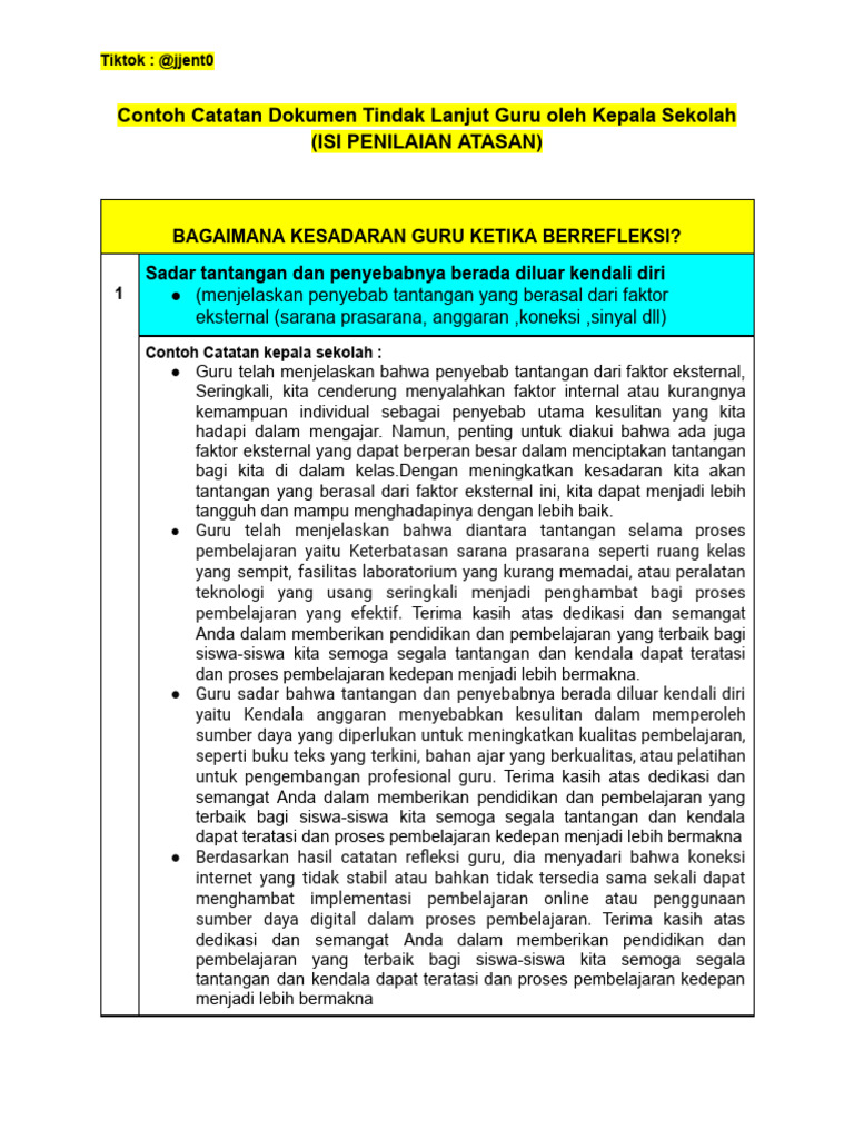 Contoh Catatan Dokumen Tindak Lanjut Guru Oleh Kepala Sekolah | PDF