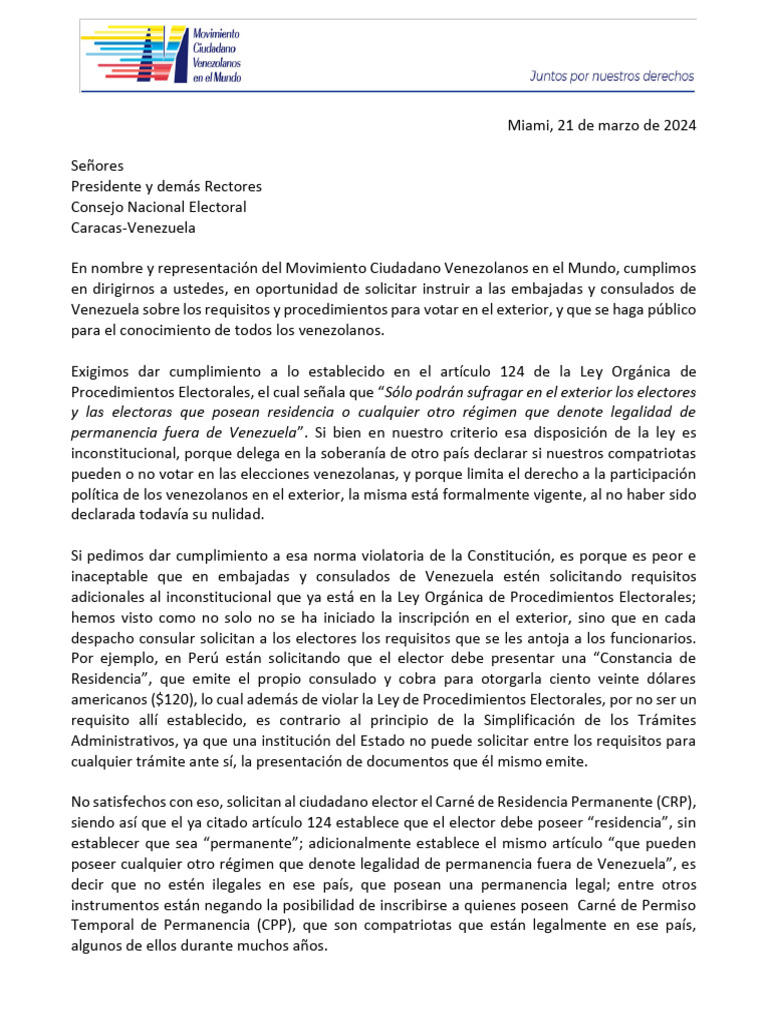 20-3-2024 - Carta Cne-Inscripcion Venezolanos en Exterior | PDF | Venezuela | Gobierno