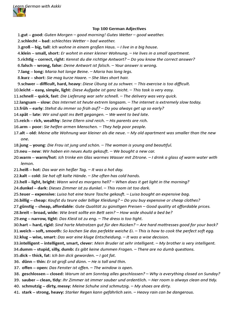 Top 100 German Adjectives | PDF