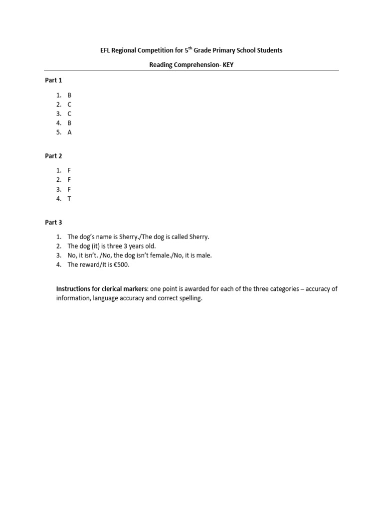 EFL Competition Key for 5th Graders | PDF