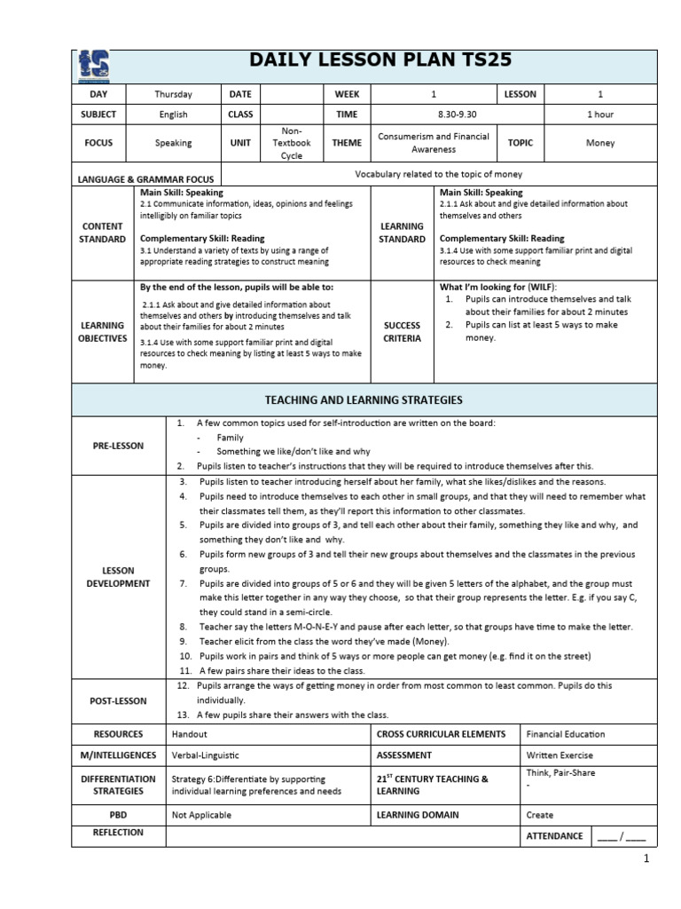 Form 1 Lesson 1 Speaking | PDF | Learning | Human Communication