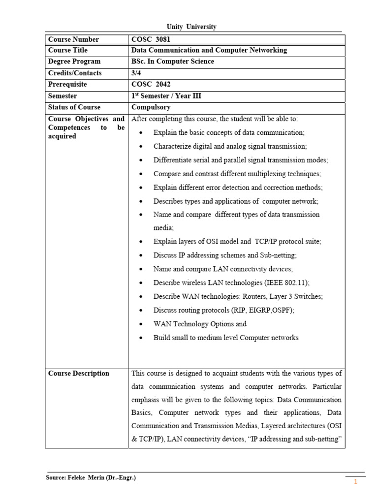 Feleke Course Plan DataCom & Networking | PDF | Computer Network | Osi Model