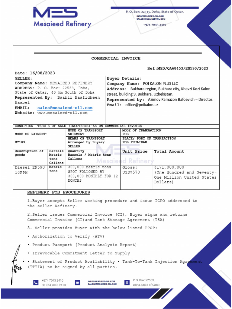EN590 Diesel Transaction Procedures | PDF | Chemical Substances | Fuels