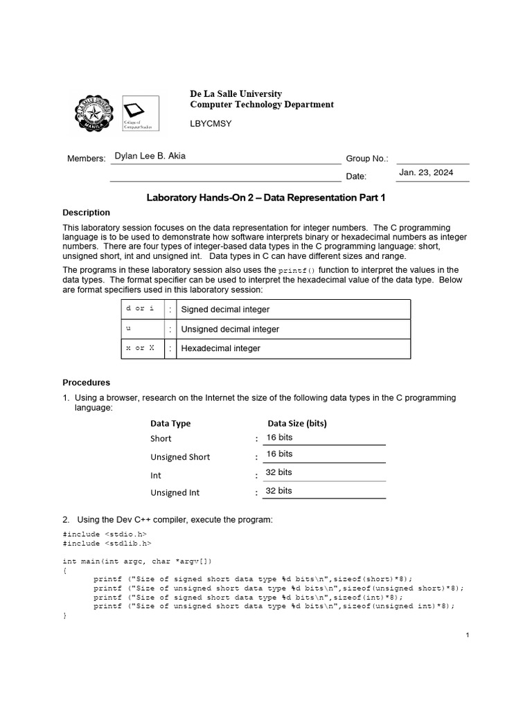Lab Hands On 2 Data Representation Part 1 Akia Pdf Integer Computer Science Data Type