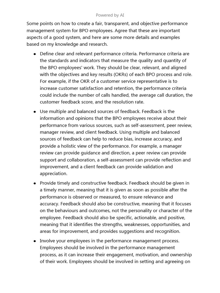 Objective Performance Management System For Bpo Employees Pdf Outsourcing Incentive