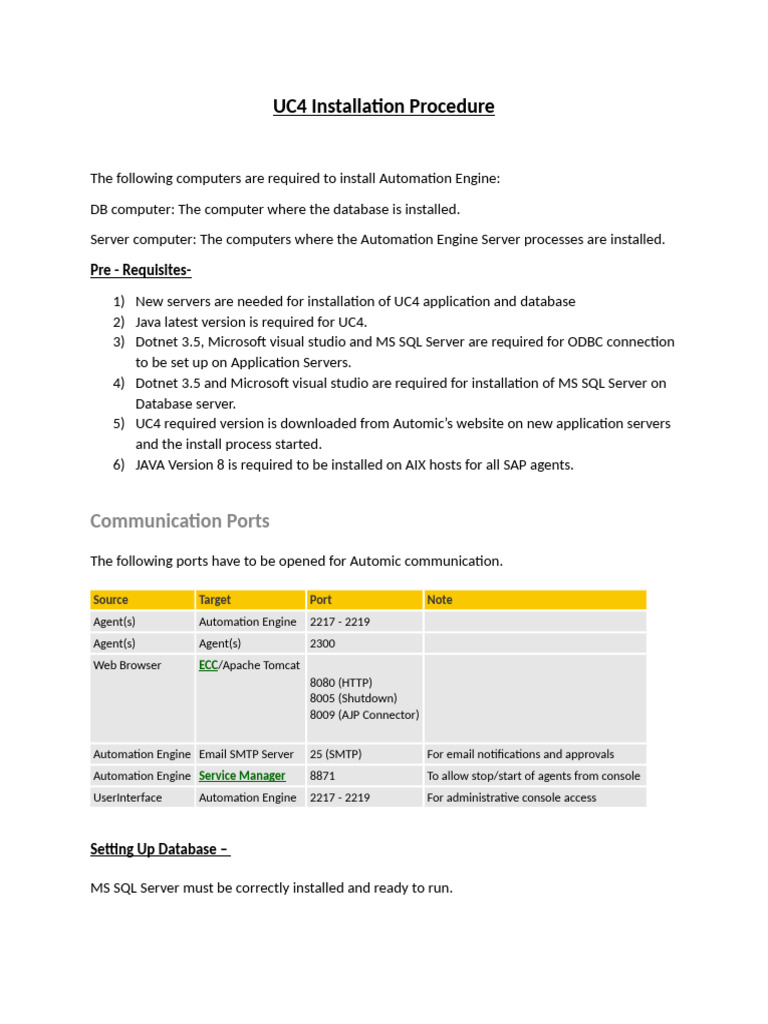 UC4 Installation Procedure: Communication Ports | PDF | Databases | Microsoft Sql Server