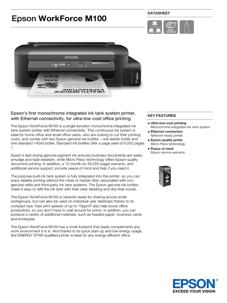 Epson WorkForce M100 Datasheet | PDF | Printer (Computing) | Office Equipment