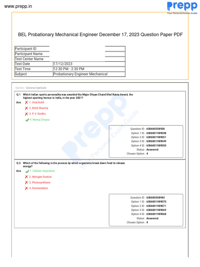 BEL Probationary Mechanical Engineer December 17 2023 Question Paper ...