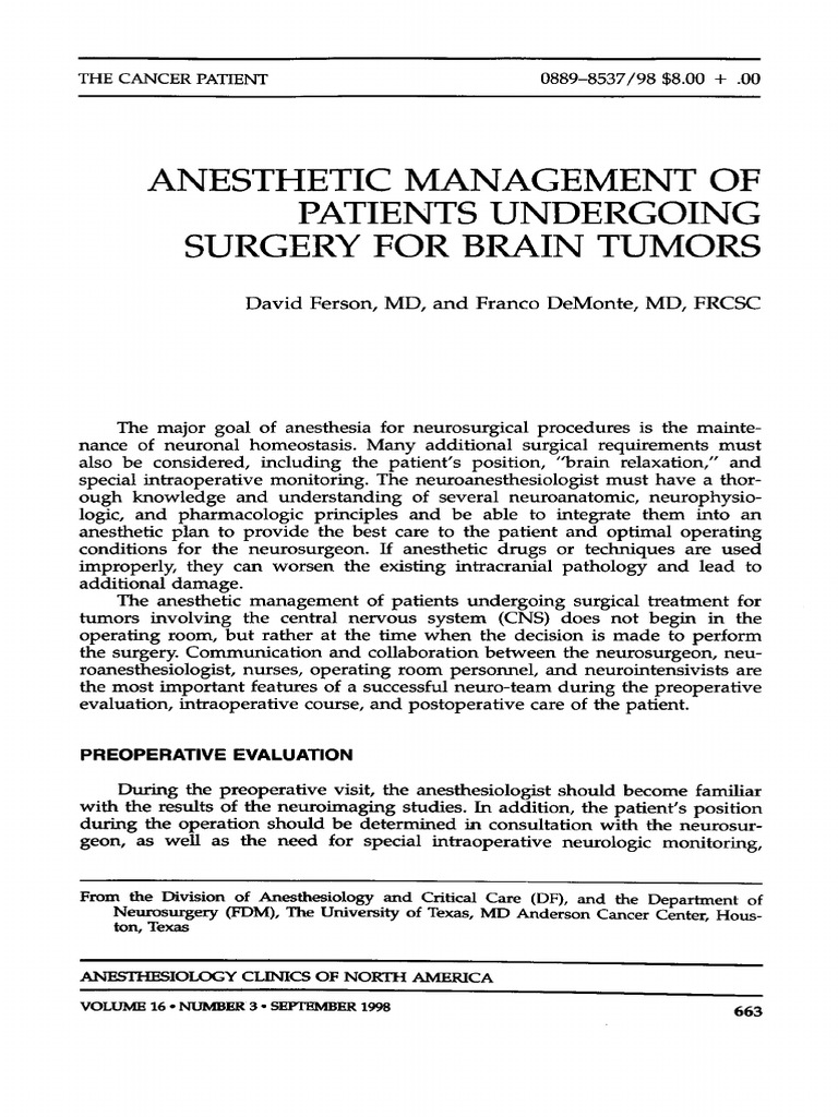 Brain surgery anesthesia | PDF | Brain Tumor | Anesthesia