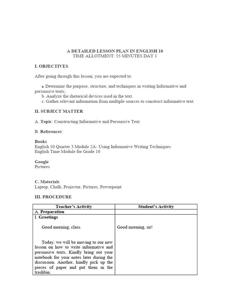 A Detailed Lesson Plan in English 10 Day 2 | PDF | Essays | Persuasion