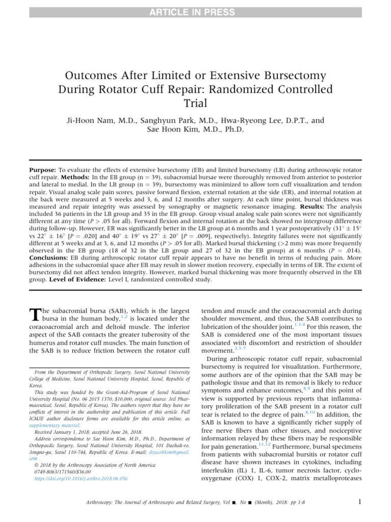 OUtcome After Limted or Extensive Bursectomy | PDF | Shoulder | Joints