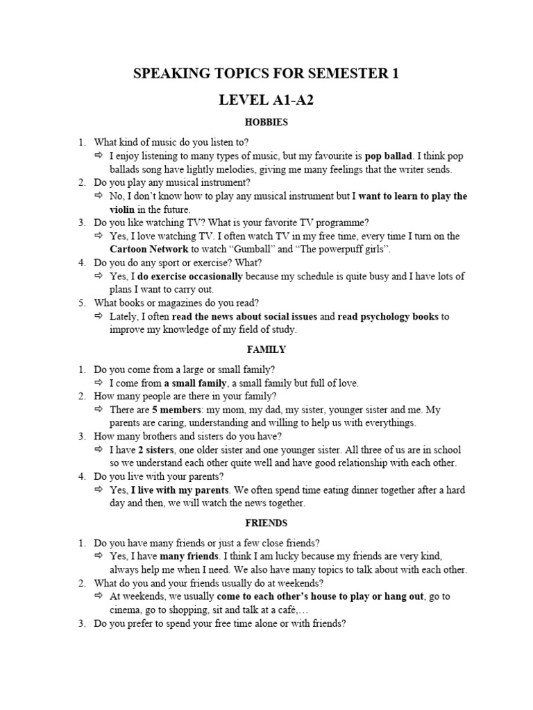 A1-A2 Speaking Topics Guide | PDF | Korean Cuisine