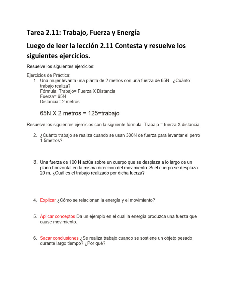 Tarea 2.11 Trabajo, Fuerza y Energia | PDF