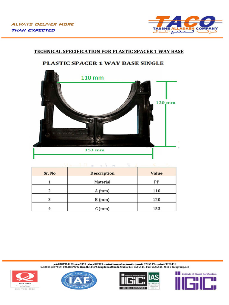 Technical Specification For Plastic Spacer 1 Way Base: Than Expected ...
