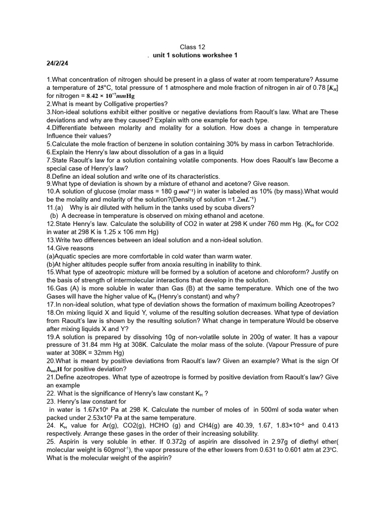 Class 12 Chemistry Solutions Worksheet | PDF | Applied And Interdisciplinary Physics | Phases Of ...