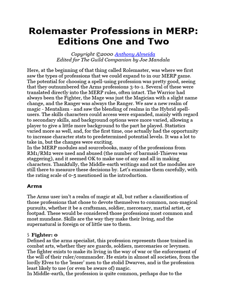 10 Rolemaster Professions in MERP - Editions One and Two by Anthony ...