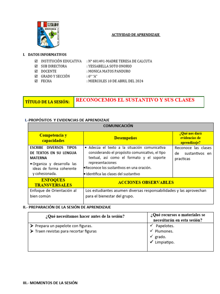 Clases de Sustantivos en 6° Grado | PDF | Sustantivo | Aprendizaje
