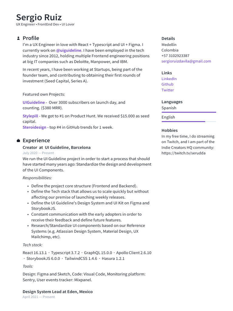 Sergio Ruiz - Resume - UX Engineer - FrontEnd Dev - UI Lover | PDF | Computing
