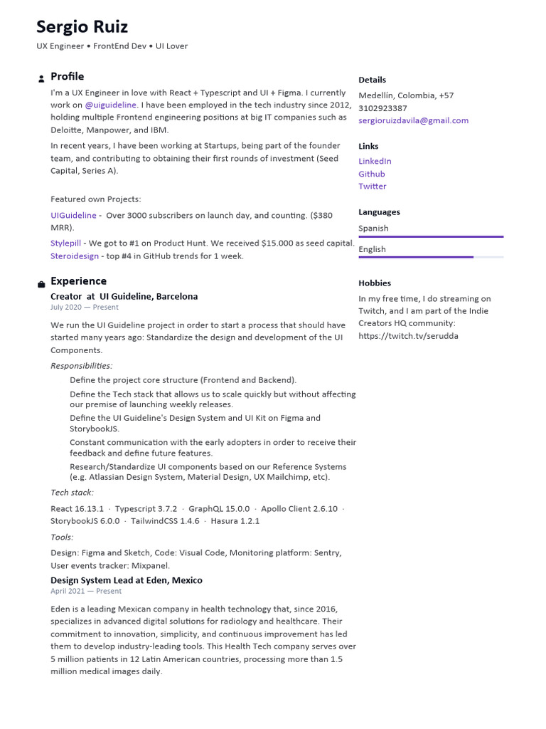 Sergio Ruiz - Resume - UX Engineer - FrontEnd Dev - UI Lover | PDF | Bootstrap (Front End ...