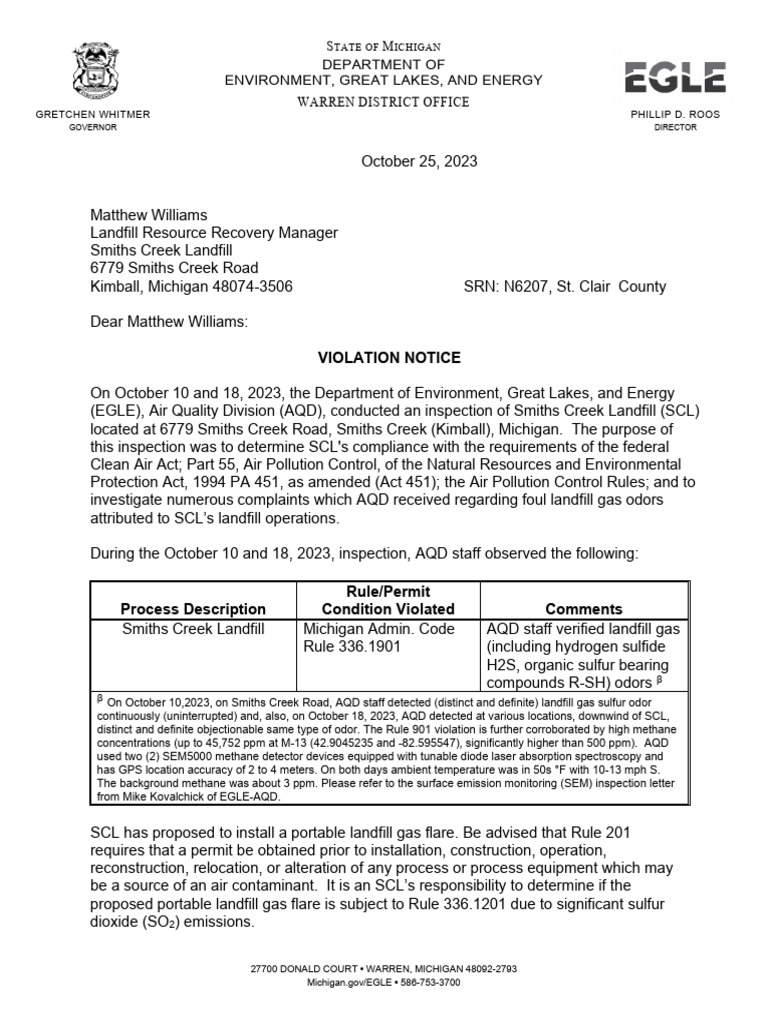 Violation Notice: S M Department of Environment, Great Lakes, and ...