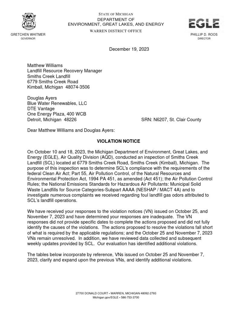 Violation Notice: S M Department of Environment, Great Lakes, and ...