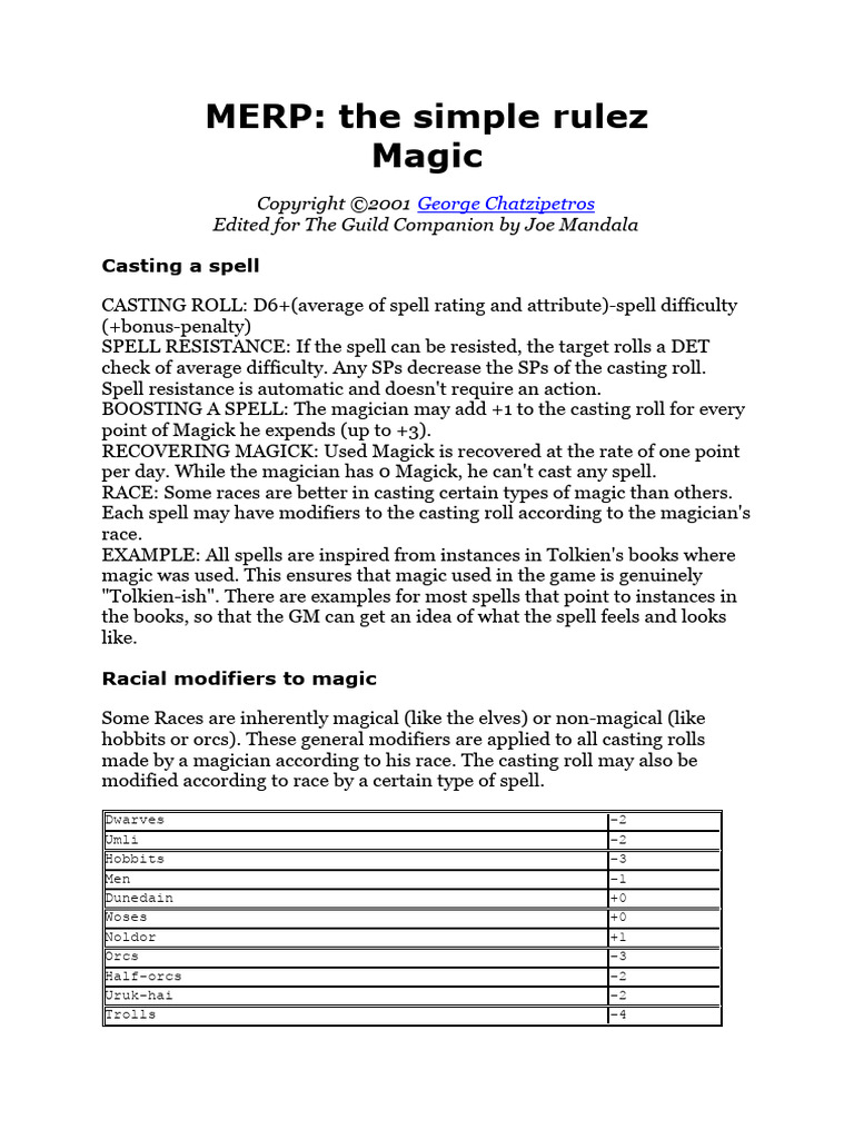 04 MERP The Simple Rulez - Magic by George Chatzipetros (February, 2001) | PDF | Middle Earth ...