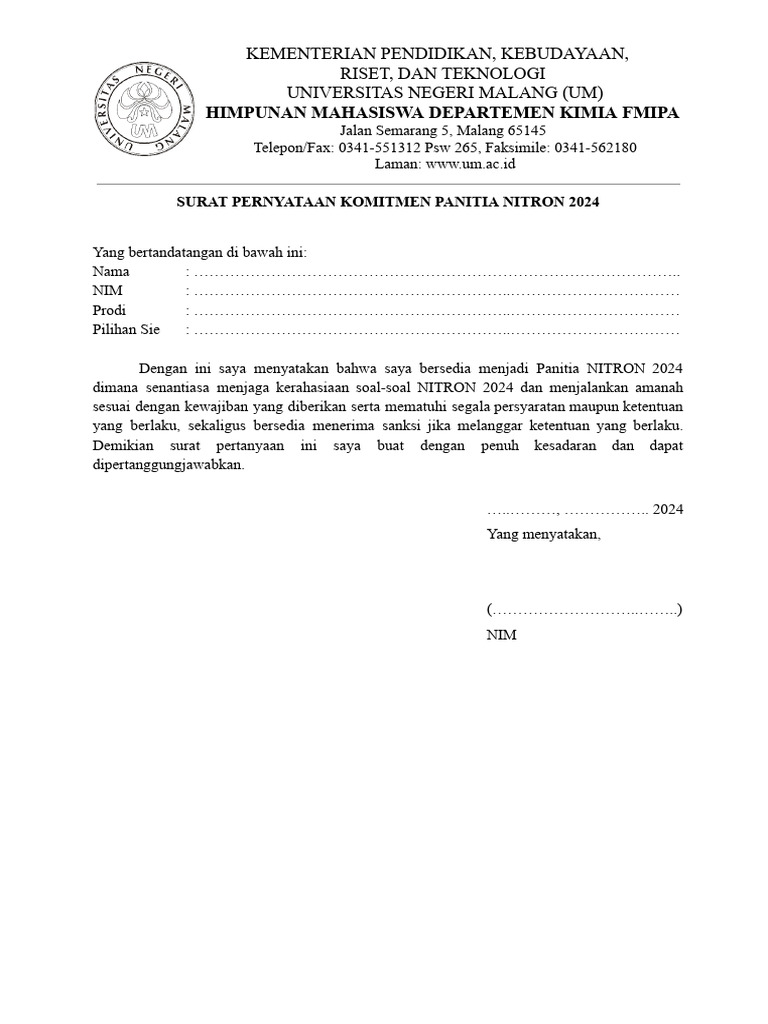 Surat Pernyataan Komitmen Panitia NITRON 2024 | PDF